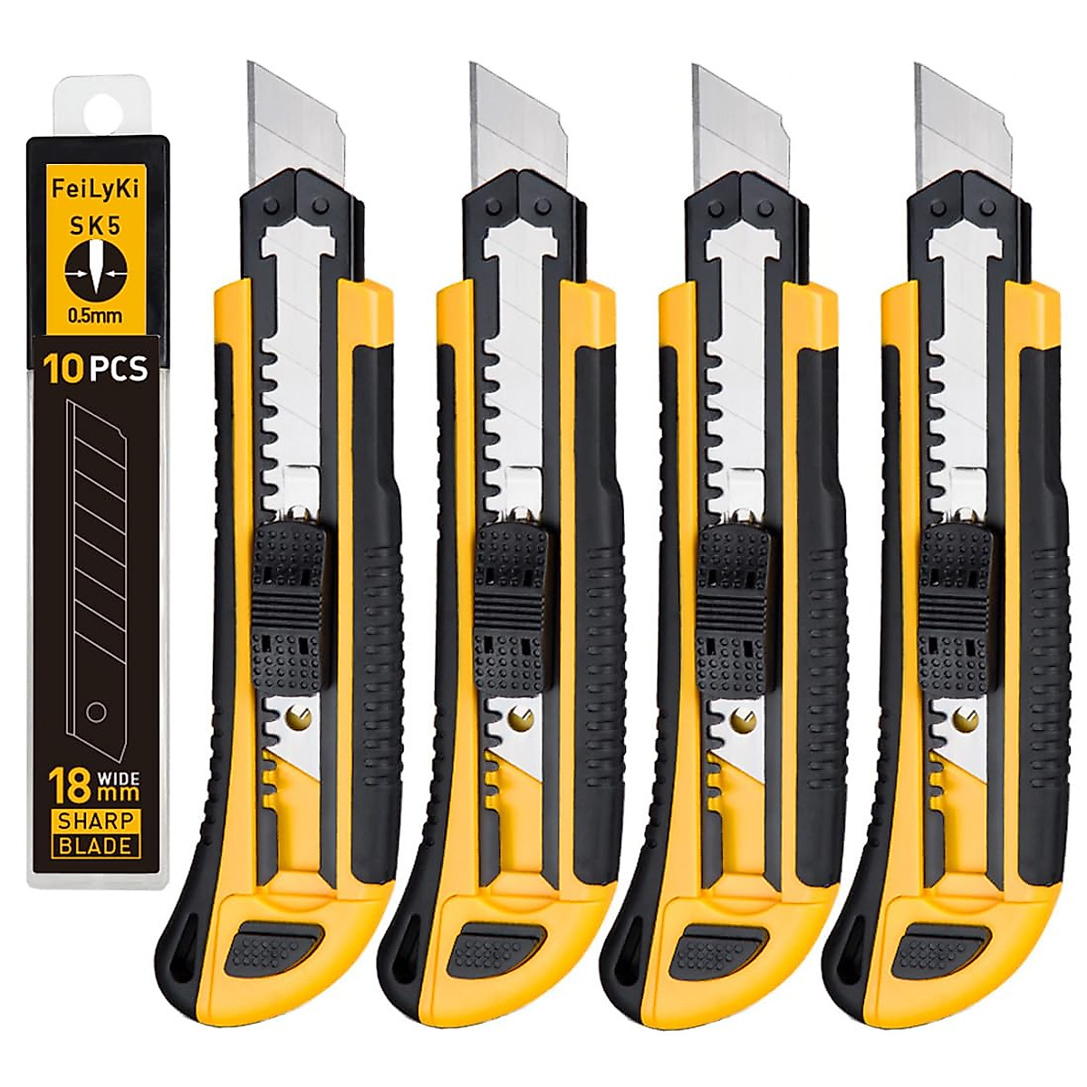 FeiLyKi 4-Pack 18mm box cutter retractable Construction knife Utility Knife Exacto knife,Rubber handle,10 SK5 Snap Off Blades-2051