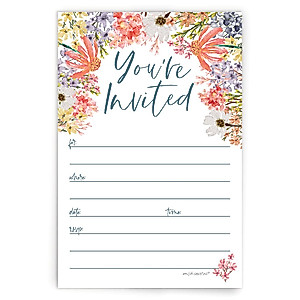 Wildflower Invitations With Envelopes (20 Count) - Floral Boho Garden Theme For Bridal Shower, 1st Birthday, Adult Birthday, Brunch or Baby Shower