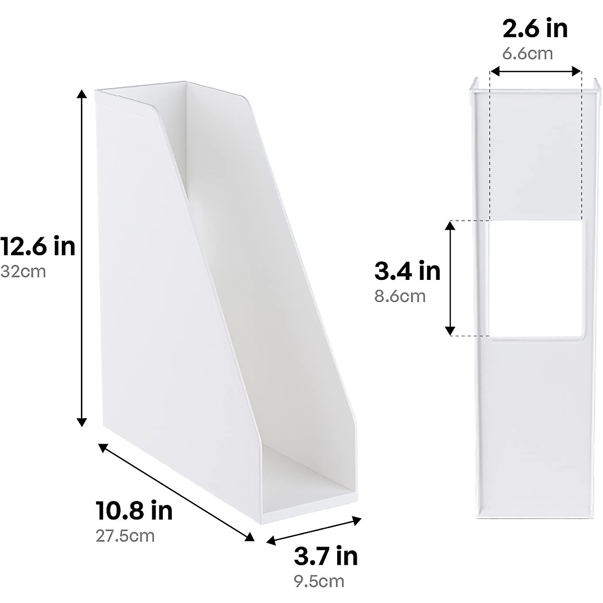 carrotez Open Front Magazine File Holder, Plastic Magazine Rack, Vertical File Organizers for Desk, Office Organization Essentials, 10.8" x 3.7" x 12.6" - 2 Pack, White