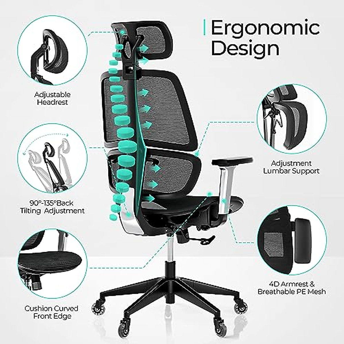 LINSY HOME High-Back Office Chair, Swivel Ergonomic Task Chair with Adjustable Headrest and Arms, Lumbar Support and PU Wheels, Computer Mesh Chair for Home Office, Black