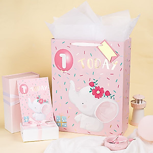 WRAPAHOLIC 16.5" Extra Large 1st Birthday Gift Bag with Card and Tissue Paper - Adorable Elephant Design for Baby Girl, Baby Shower, Party