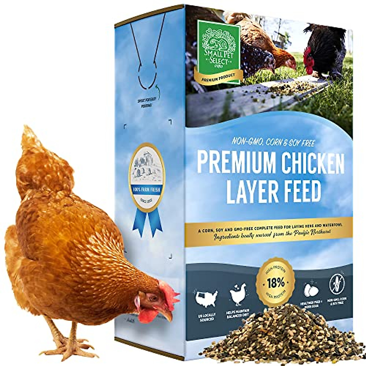 Small Pet Select Chicken Layer Feed Pellets | 18% Protein Level | Corn-Free, Soy-Free, Non-GMO | All Natural US Locally Sourced Ingredients | 20lb