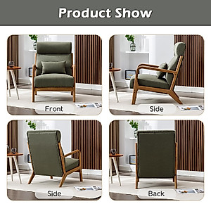 INZOY Mid Century Modern Accent Chair with High Back, Upholstered Living Room Chairs with Waist Cushion, Wood Frame Reading Armchair for Bedroom Sunroom, Green