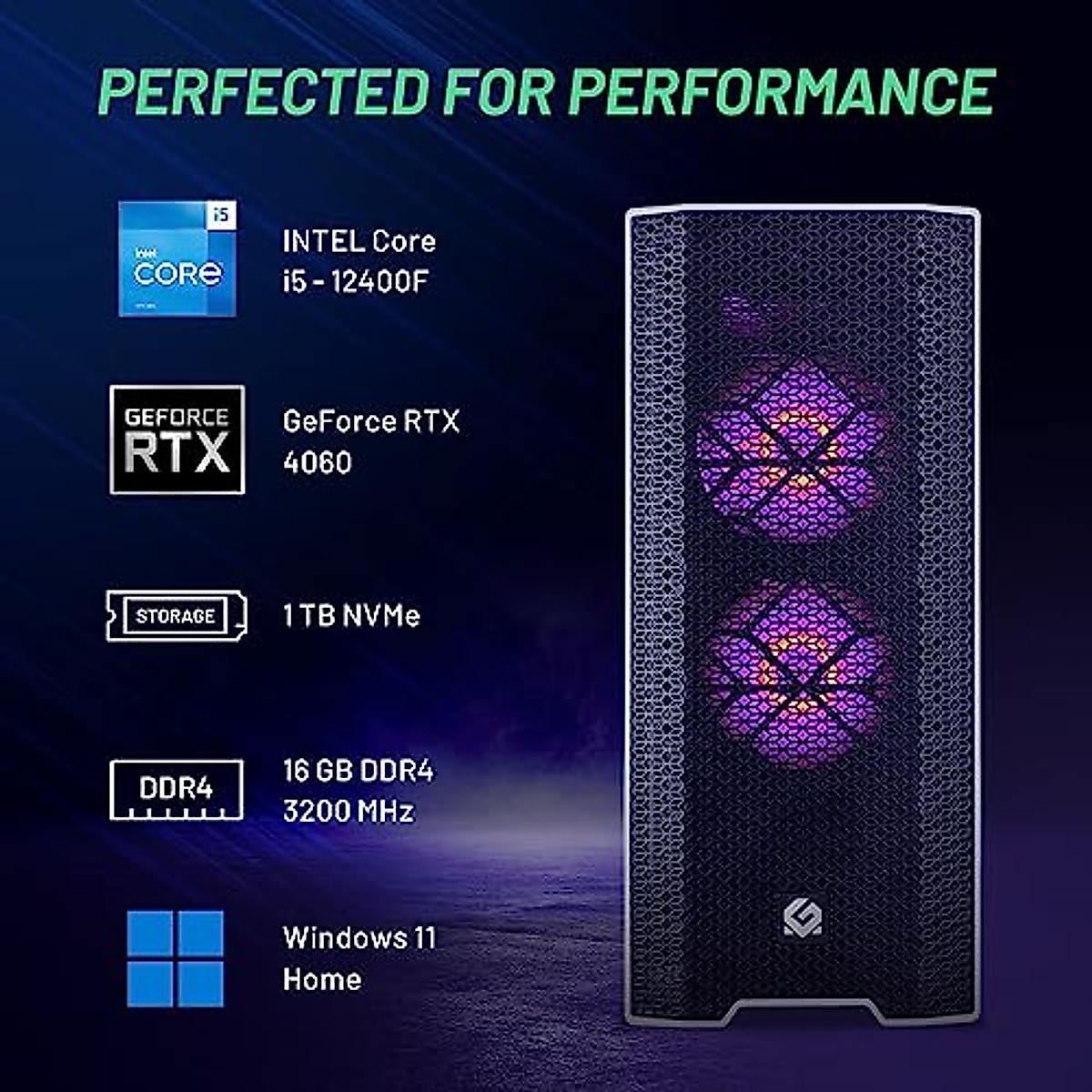 Skytech Blaze Gaming PC Desktop – Intel Core i5 12400F 2.5 GHz, NVIDIA RTX 4060, 1TB NVME SSD, 16GB DDR4 RAM 3200, 650W Gold PSU, 11AC Wi-Fi, Windows 11 Home 64-bit