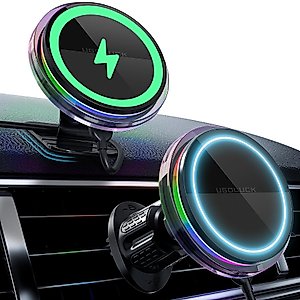 UGDLUCK for Magsafe Car Mount Charger, 15W Magnetic Wireless Car Charger with 8 RGB LED Backlit Magnetic Car Phone Holder Mount for iPhone 15 14 13 12