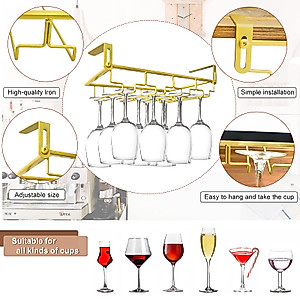 AUHOKY Adjustable Wine Glass Holder Under Shelf, Nail Free Metal Stemware Holder Storage Hanger, Hanging Wine Glasses Rack Organizer Under Cabinet Mount for Bar Kitchen (4 Rows, Gold)