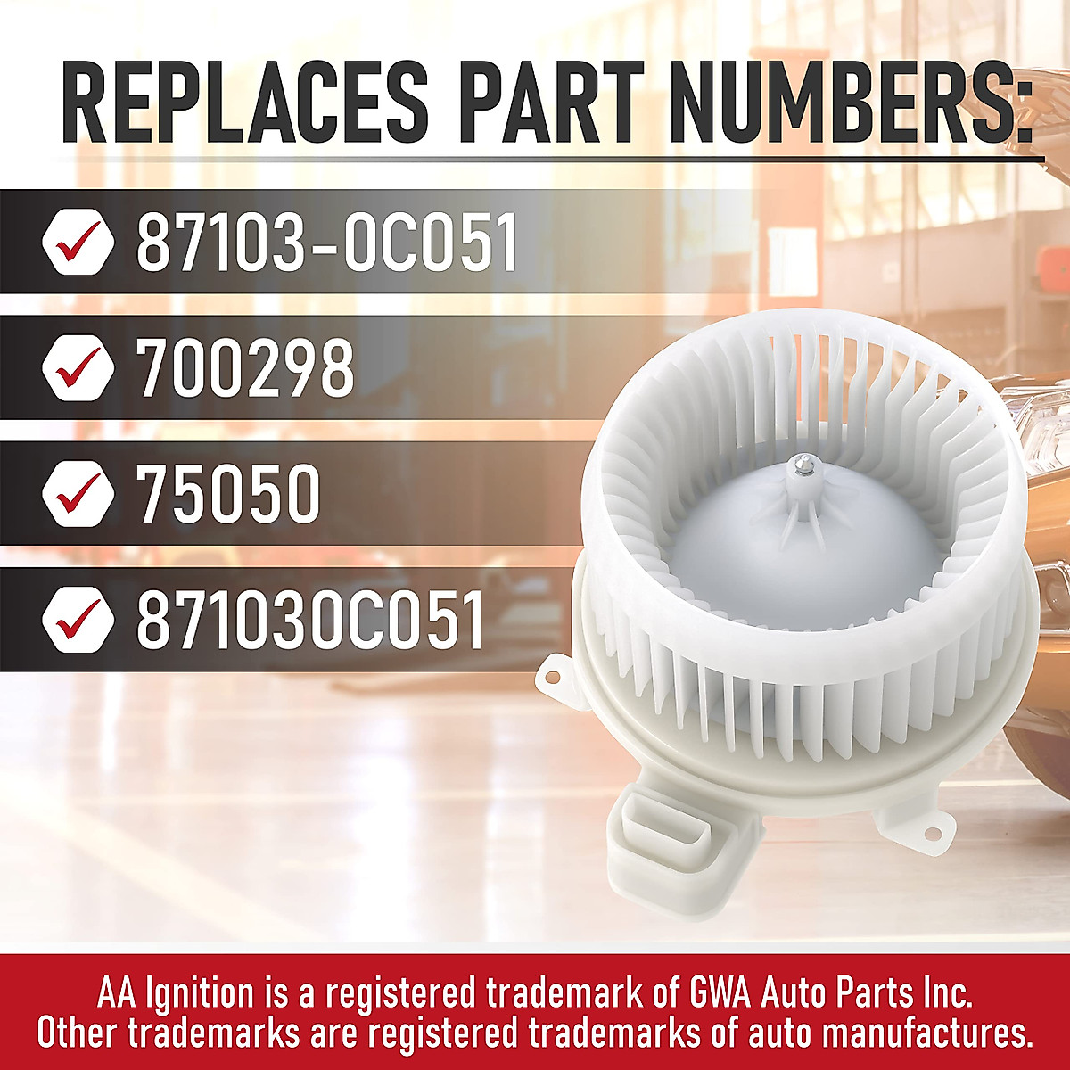 Replacement AC Blower Motor - Compatible with Toyota Vehicles - Sequoia 2008, 2009, 2010, 2011-2019, Sienna 2011-2020 - Replaces Part 87103-0C051, 700298, 75050, 871030C051 - Fan Assembly