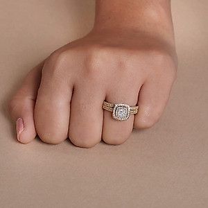 DZON IGI Certified 10k Yellow Gold 1/3CT TDW Round Cut Diamond Double Cushion Frame Cluster Bridal Jewelry Set Love Gift for Women (I-J,I2)