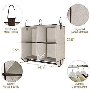 TOPIA HOME 4-Section Hanging Closet Shelves with Rod, Unique Thickened Cotton Fabric Hanging Closet Organizer, Closet Organization for Clothes, Baby, Kids, Shoes, Purse, Hat, 24" Wx12 Dx29 H, Brown