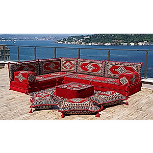 Red Corner Sofa Seating Set, L Shaped Arabic Sofa Set, Oriental Floor Seating, Living Room Sofa, Sofa Slipcovers, Patio Sofa (L Sofa + Rug + Poufs)