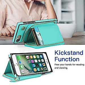 DEFBSC Zipper Wallet iPhone 8 Case, iPhone 7 Case, iPhone SE 2020/ SE 2022 Case, PU Square Wallet Case with Crossbody Chain Credit Card Holder Slot Shoulder Handbag Purse Wrist Strap Case(Green)