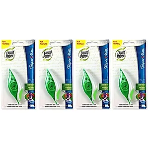 Paper Mate 660415 Liquid Paper DryLine Grip Correction Tape Dispenser, Pack of 4; Transparent Green Body; 1/5 inches Wide x 27.8 feet Long White Tape; Applies Dry, Rewrite Instantly; Swivel Tip