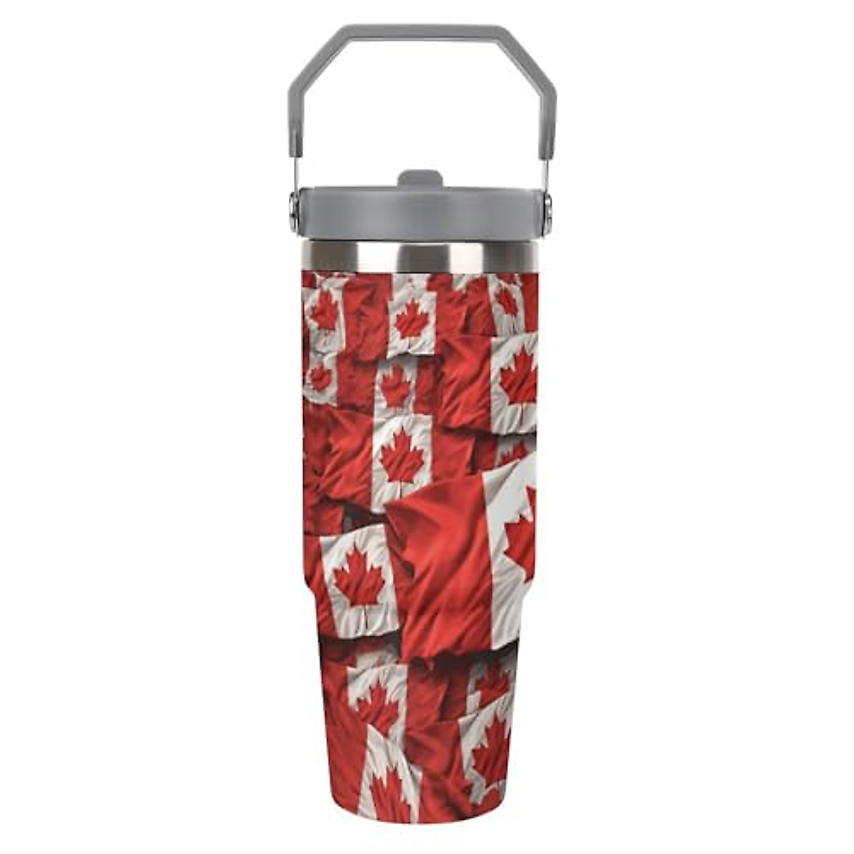 Canadian Flag Tumbler 30oz Large Capacity Car Cup with Handle Fit in Any Car Cup Holder Stainless Steel Leakproof Insulated Coffee Tumblers with Lid And Straw
