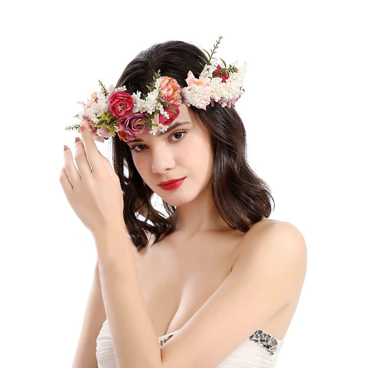 Vivivalue Rose Flower Crown Flower Garland Headband Hair Wreath Floral Headpiece Halo Boho Party Wedding