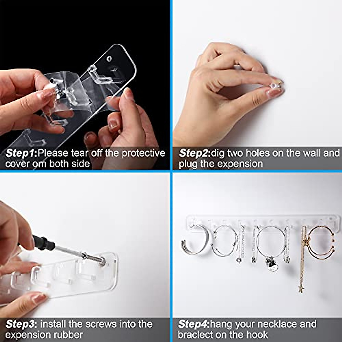 6 Pieces Acrylic Necklace Holder Set Wall Mounted Necklace Hanger Jewelry Organizer Hanging with 9 Hanger Hooks, Jewelry Hangers for Girls Women Necklace, Bracelet (Transparent)