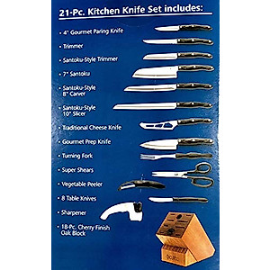 Cutco 21 Piece Kitchen Knife Set with Cherry Finish Oak Block, 8 Table Knives, Paring Knife, Trimmers, Santoku Chopper Chef Knife, Carver, Slicer, Cheese Knife, Turning Fork, Shears, Peeler, Sharpener