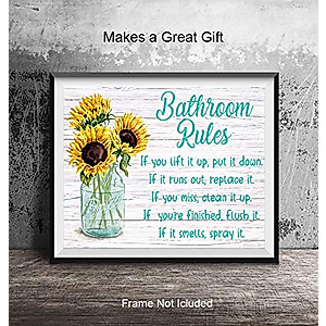Bathroom Rules Wall Decor - Sunflower Wall Decor - Rustic Country Farmhouse Bathroom Decor - Powder Room Decor - Funny Blue Bathroom Decor - Restroom Sign - Bath Wall Art - Decorations - Unframed 8x10
