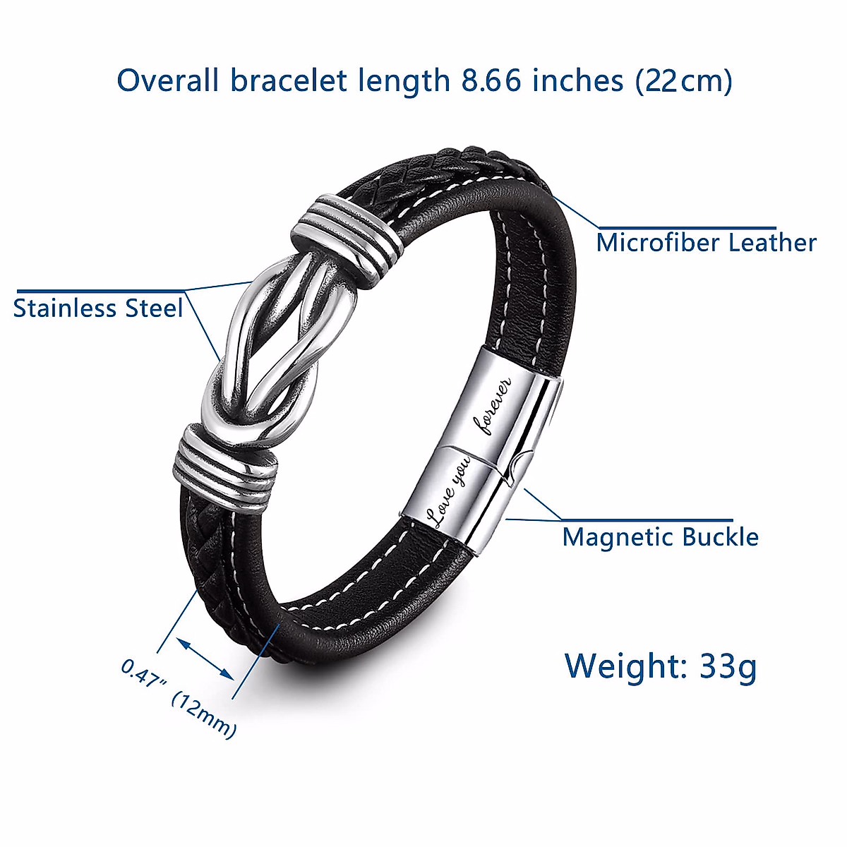 Mother and Son Forever Linked Together Braided Leather Bracelet， To My Son Bracelets from Mom Stainless Steel Interlocking Wristband Son Graduation Inspirational Birthday Jewelry Gift with Card Box,