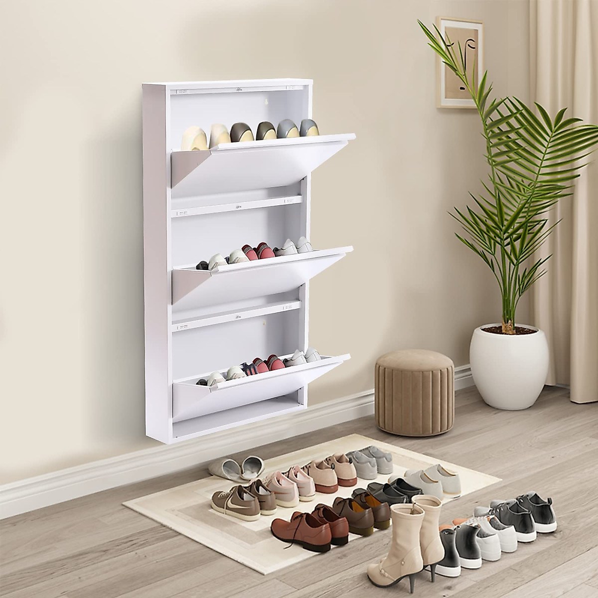 Lemoeyes Shoe Cabinet with 3 Flip Drawers, Tipping Shoe Organizer Wall Mounted Shoe Storage for Entryway Hallway Corridor, Holds 9 Pair Shoes, White, No-Assembly