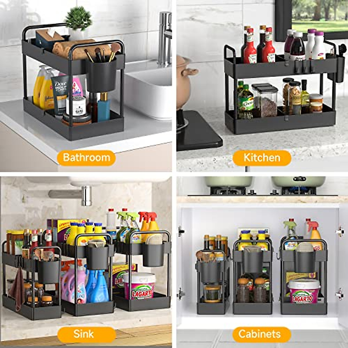 3 Pack Under Sink Organizers And Storage With Dividers,2-Tier Bathroom Organizer Under Sink,Kitchen Organization,Cabinet Organizer With Hooks,Hanging Cup,Dividers,Handles