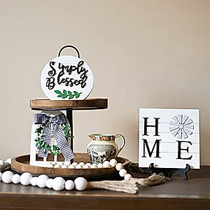 LIBWYS 6 Pcs Farmhouse Decors for Tiered Tray Farmhouse Home Decor Tiered Tray Decor Items Mini Signs Simply Blessed Home Windmill Wooden Beads Garland Rustic Kitchen Decor