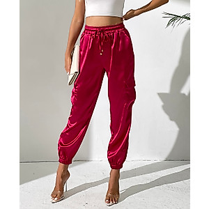 Women's Satin Cargo Joggers Pants Dressy Casual Silky Elastic High Waist Trousers Hot Pink