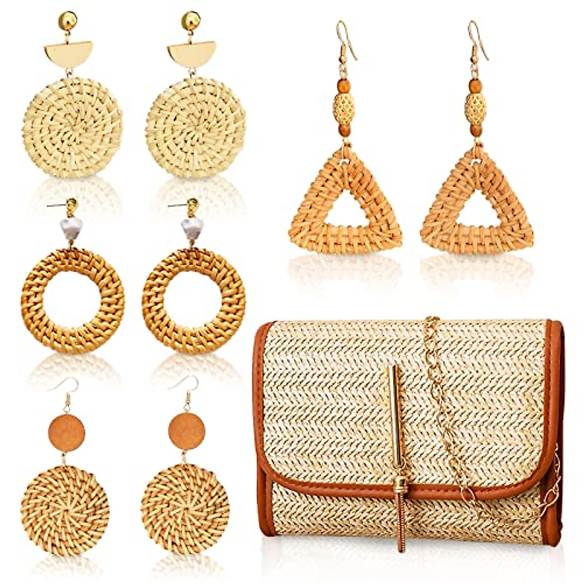 Straw Bag for Women Beach Purse Shoulder Bag Hand Woven Straw Clutch Summer Crossbody Bag with 4 Pairs Rattan Earrings Lightweight Statement Straw Earrings
