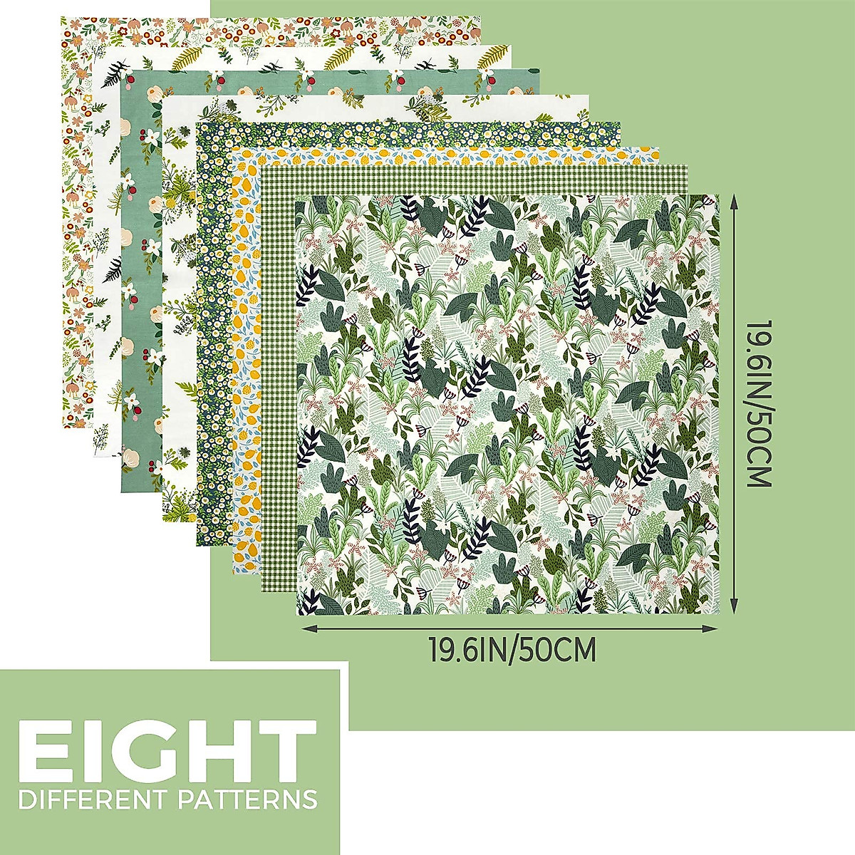 Aubliss 8pcs Fat Quarter Fabric Bundles 19.6'' x 19.6''(50cm x 50cm) Cotton Craft Fabric Pre-Cut Squares Sheets for Patchwork Sewing Quilting Fabric(Green Floral)