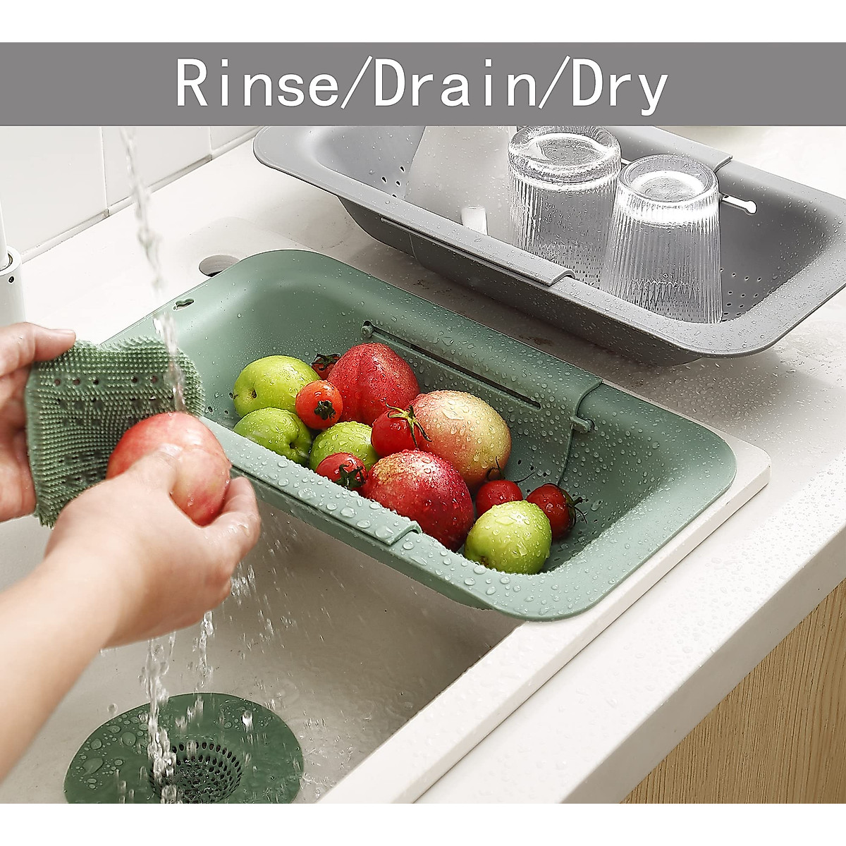 Domonic Home Colander Over the Sink Colander for Kitchen Sink, Over the Sink Strainer Basket Vegetables,Fruits,Pasta, Collapsible Colander 14.5"-19.5", Brilliant Rose Colander Dishwasher Safe