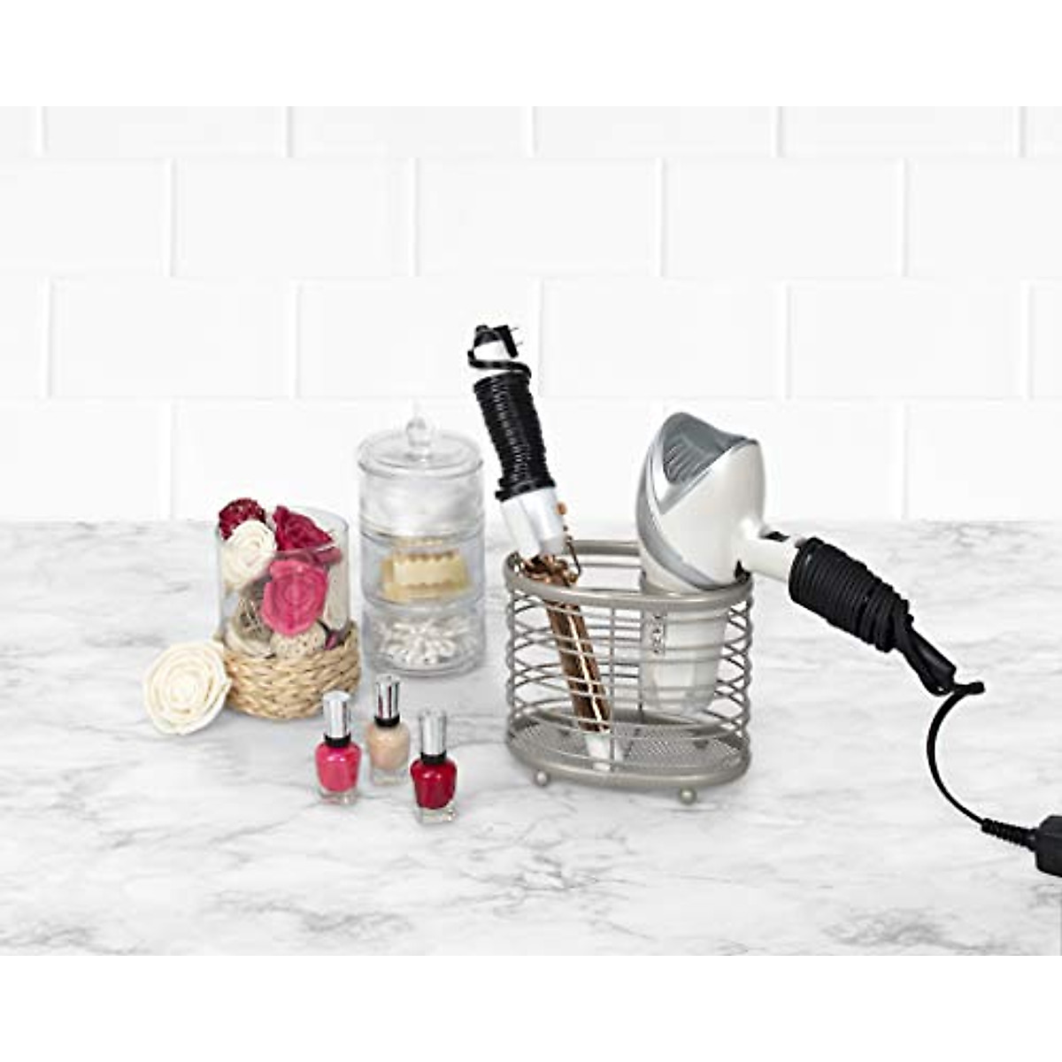 Spectrum Ashley Hair & Accessory Holder (Satin Nickel Powder Coat) - Bathroom & Under Sink Organizer for Hair Dryer, Beauty Tools, Accessories, & Home Essentials