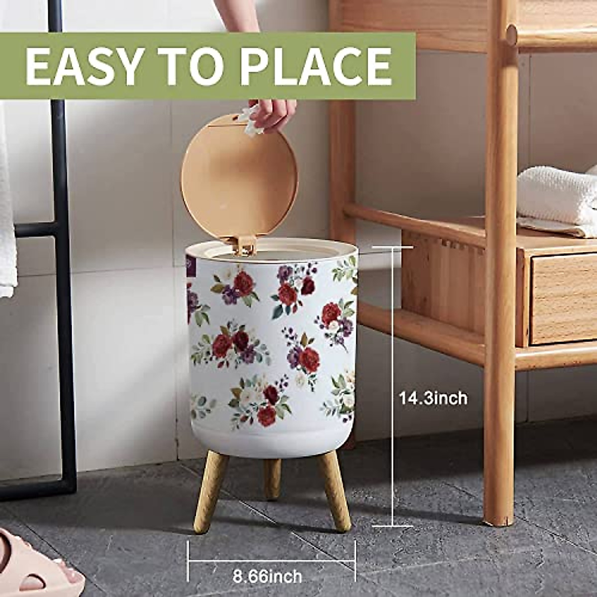 Small Trash Can with Lid Set of floral branch Flower red burgundy purple rose green leaves Garbage Bin Wood Waste Bin Press Cover Round Wastebasket for Bathroom Bedroom Kitchen 7L/1.8 Gallon