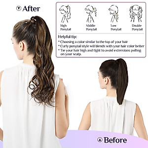 DOORES Hair Extensions Ponytail Extensions Human Hair Balayage Dark Brown to Chestnut Brown 18 Inch 80g Wrap Around Ponytail Remy Hair Extensions Clip in Straight with Magic Paste Heat Resistant