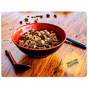 VALLENWOOD 6 Ramen Bowls, 18 pieces Pho set. Red Black Asian Japanese soup. Utensil: Spoons And Chopsticks kit. Melamine. Large 37 oz. Noodles, Rice, Udon, Thai, Chinese, Korean, Wonton, Miso