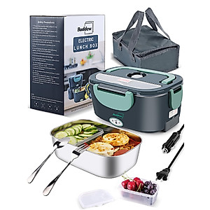 Buddew Electric Lunch Box 80W Food Heater 3 in 1 12/24/110-230V Portable Lunch Warmer Upgraded Leakproof Heated Lunch Box for Car/Truck/Office with SS fork & Spoon and Insulated Carry Bag(Green)