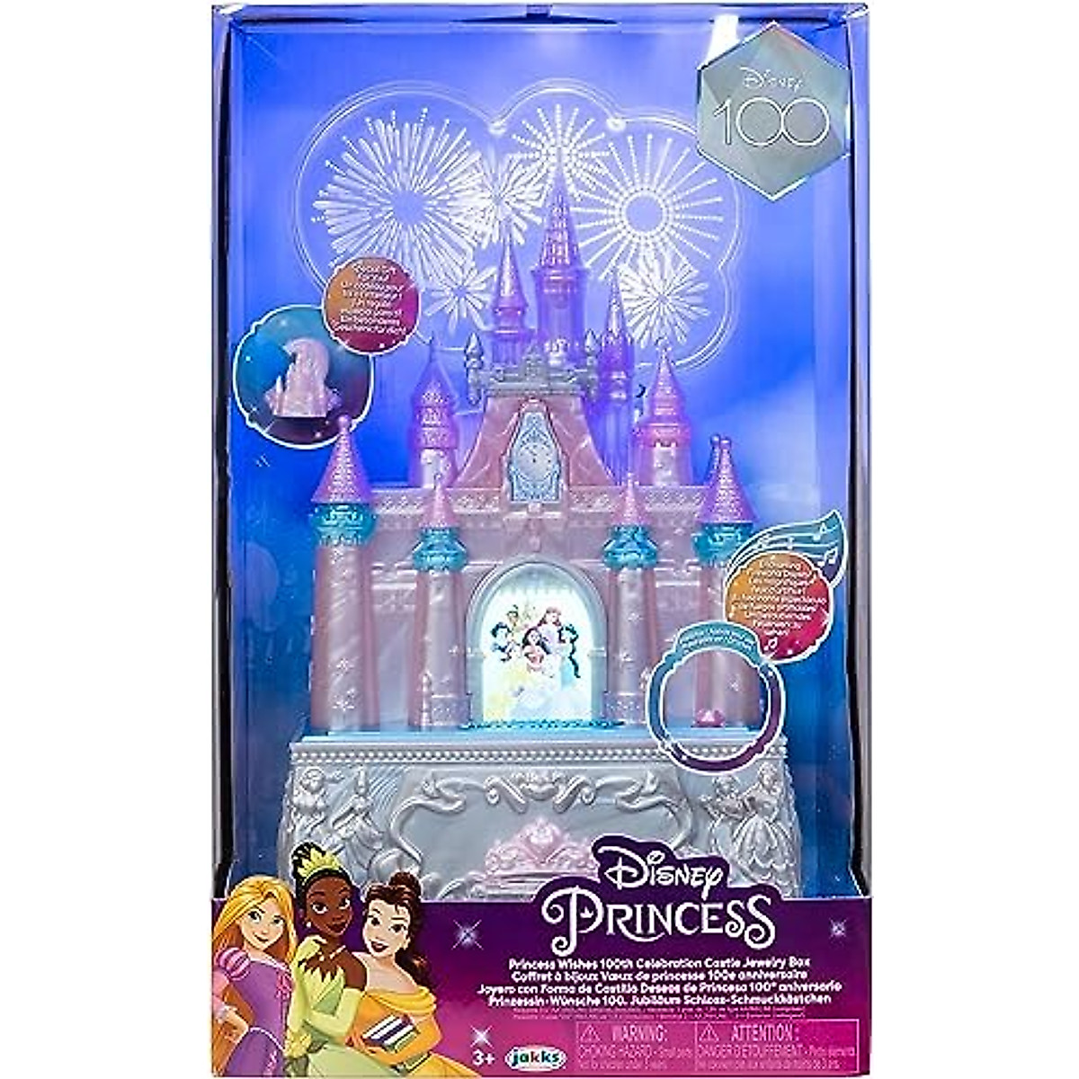 Disney Princess Jewelry Box for Girls Disney 100th Celebration Princess Castle Keepsake Jewelry Box with Music & Firework-Like Light Show, Plays Song “A Dream Is a Wish Your Heart Makes”
