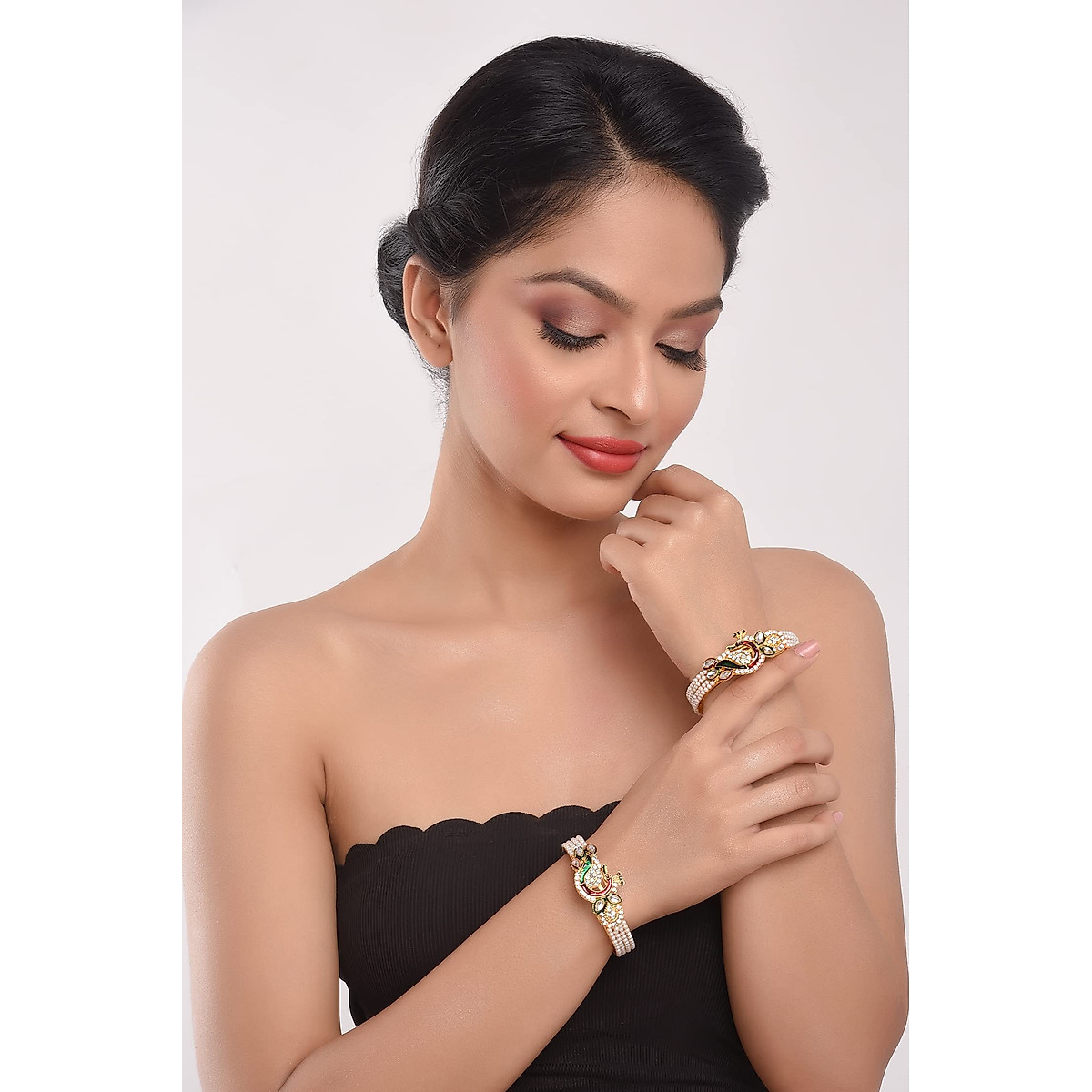 Efulgenz Rakshabandhan Indian Bangles for Women Women's Bangle Bracelets Fashion Jewelry Indian Bollywood Faux Pearl Kundan Rhinestone Peacock Hinge Open able Cuff Bracelet Bangle