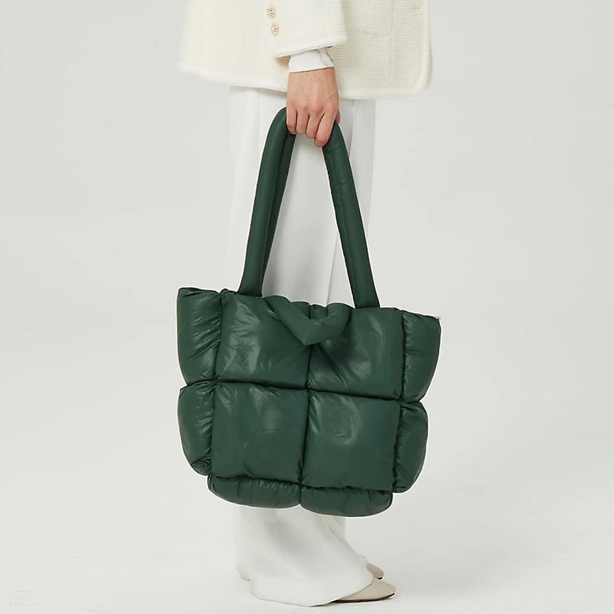 Fluffy Cotton Tote Shoulder Bag for Women,Trendy Design Big Capacity Handbag Soft Waterproof Nylon Lightweight Purses (Beige)