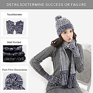 DTBG Knitted Beanie Gloves & Scarf Winter Set Warm Thick Fashion Hat Mittens 3 in 1 Cold Weather for Women Blue
