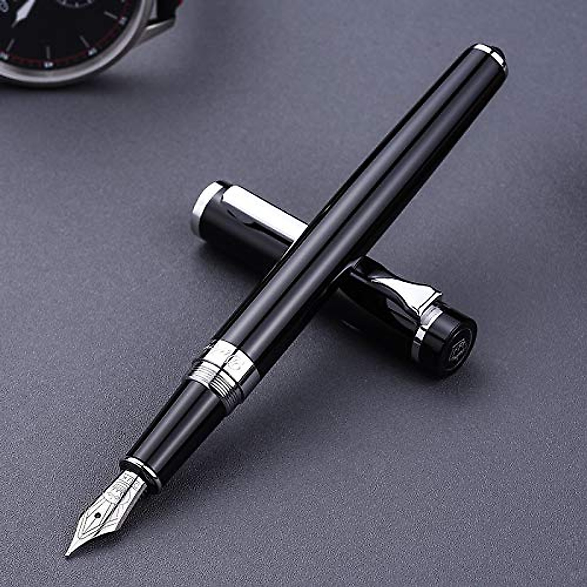 Duke Black Fountain Pen Set Fine Nib with Ink Cartridge Converter and Case