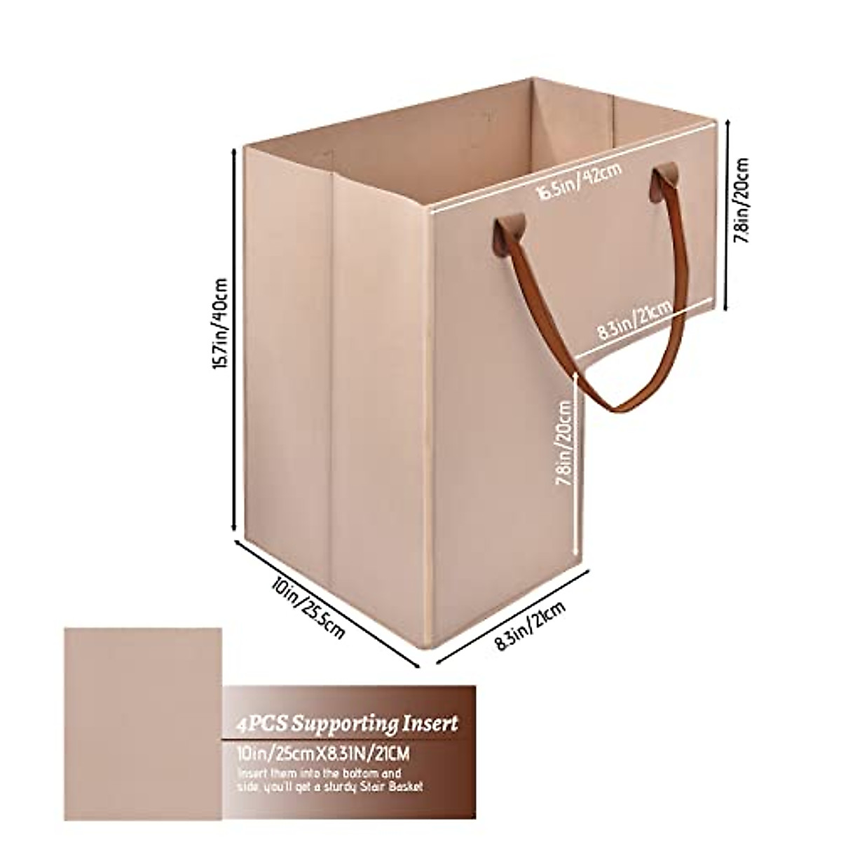 2 Pack Stair Basket with Handle, Foldable L-Shape Felt Storage Basket with 4 Pcs Supporting Insert for Carpeted Stairs, Large Staircase Organizer with Handle for Toys, Laundry, Household Items (Beige)