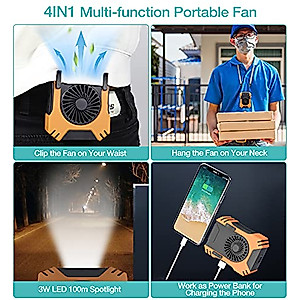 FANCYWING Portable Waist Clip Fan,4 In 1 Personal Necklace Cooling Fan with Flashlight, Belt Fan Support Hanging Neck,USB Rechargeable Fan,3 Speeds Wearable Fan for Working Camping Hiking…