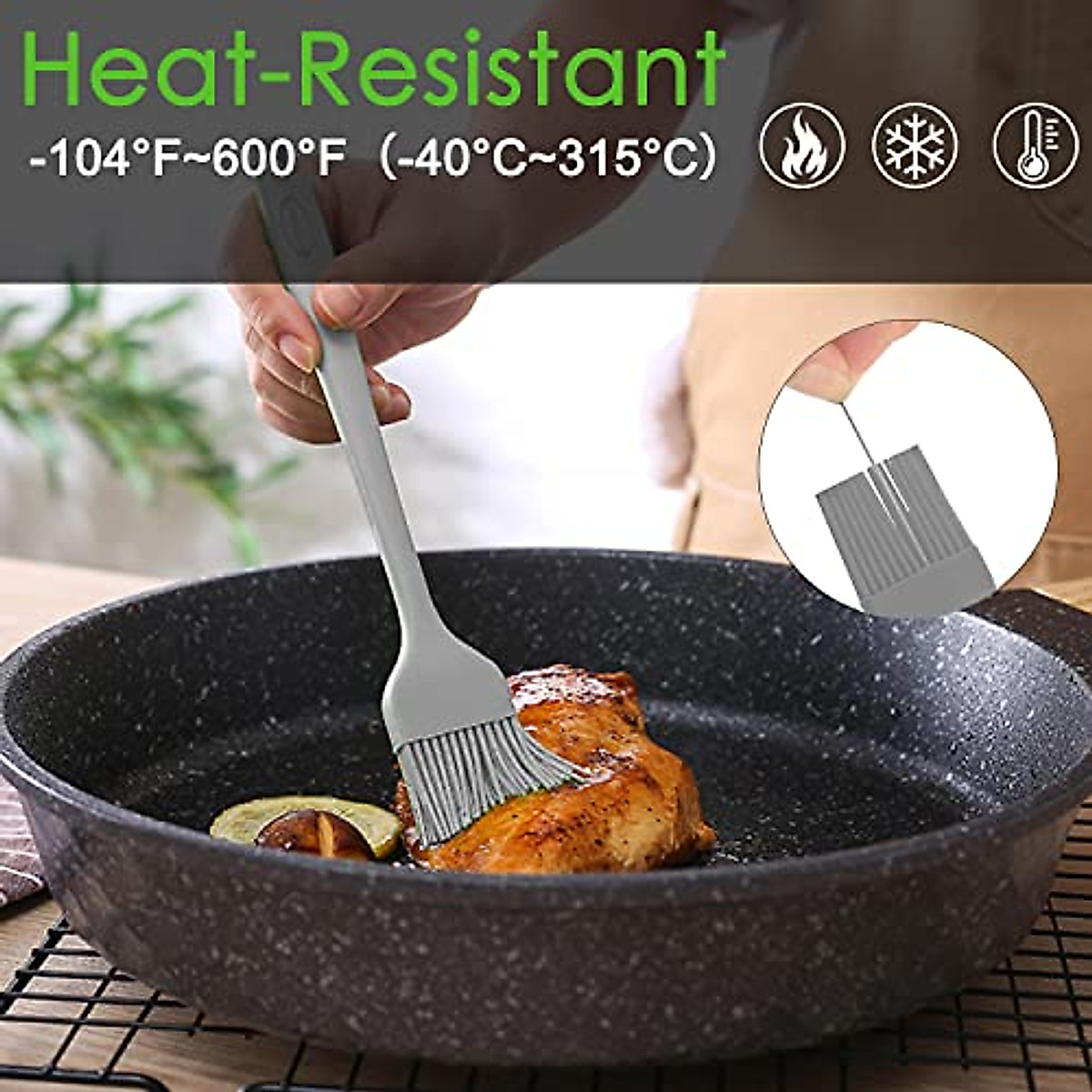 TACGEA Silicone Basting Pastry Brush Heat Resistant, Kitchen Cooking Brushes for Oil, Spread Sauce, BBQ, Baking, Grilling, BPA Free, Set of 3 Gray