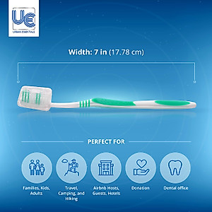 Urban Essentials Bulk Toothbrush Package with Covers | Premium Quality Individually Wrapped Colorful Tooth Brushes | Medium Soft Toothbrush Hygienic Cap for Donations, Travel, Hotels (100 Pack)