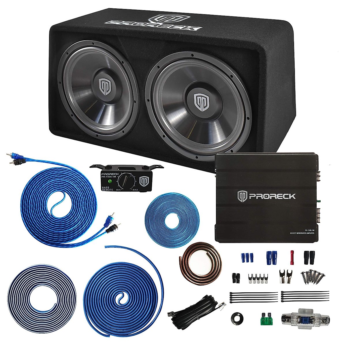 PRORECK PR-122M 1500W Dual 12" Car Subwoofer Enclosure Audio with Subwoofer，Mono Block Amplifier and Wiring Installation Kit