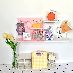 HGYZE Peg Boards for Walls with Shelf & Hooks, No Punching Craft Room Storage for Bedroom Garage Living Room Office, Pegboard Ledges Organizer, 4 Pack Decorative Wall Panel Kits - 22cm Square (Pink)