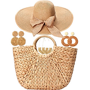 Loetere 5 Pcs Women Large Straw Beach Bag 5.5 Inch Big Bowknot Straw Beach Hat with Rattan Earrings Set Summer Handwoven Straw Tote Bag Wide Brim Floppy Sun Hat Foldable for Summer Vacation Travel