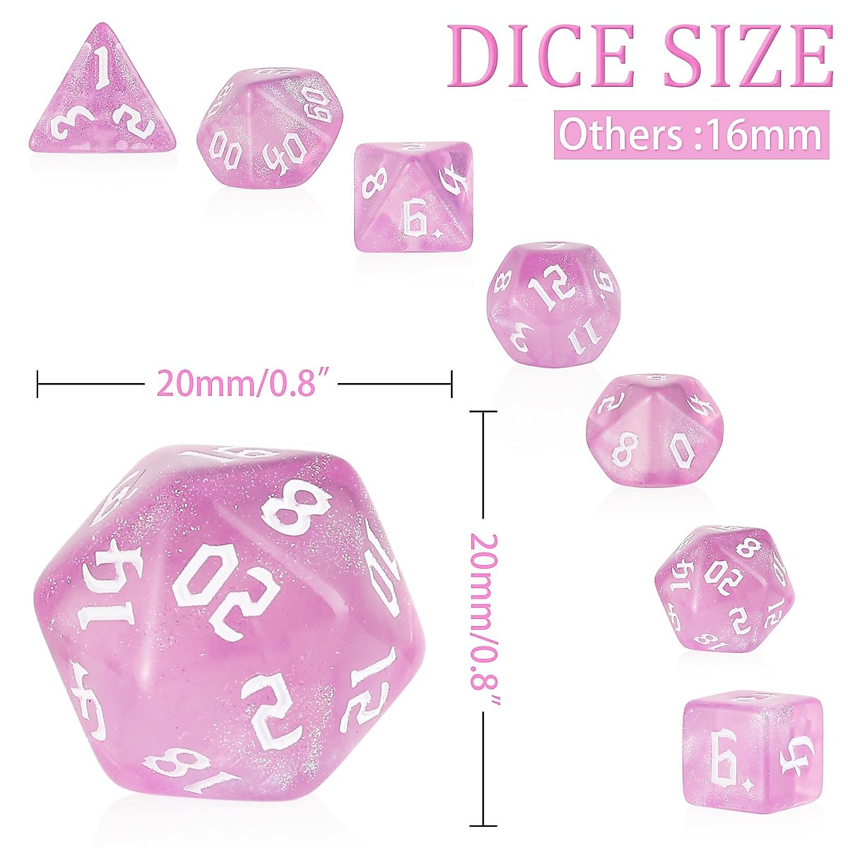 DND Dice Pink Transparent Dice with Color Changing Glitter for Dungeons and Dragons Role Playing Game,D&D,MTG,Pathfinder Dice Set with Dice Pouch(Sickle Handwriting)