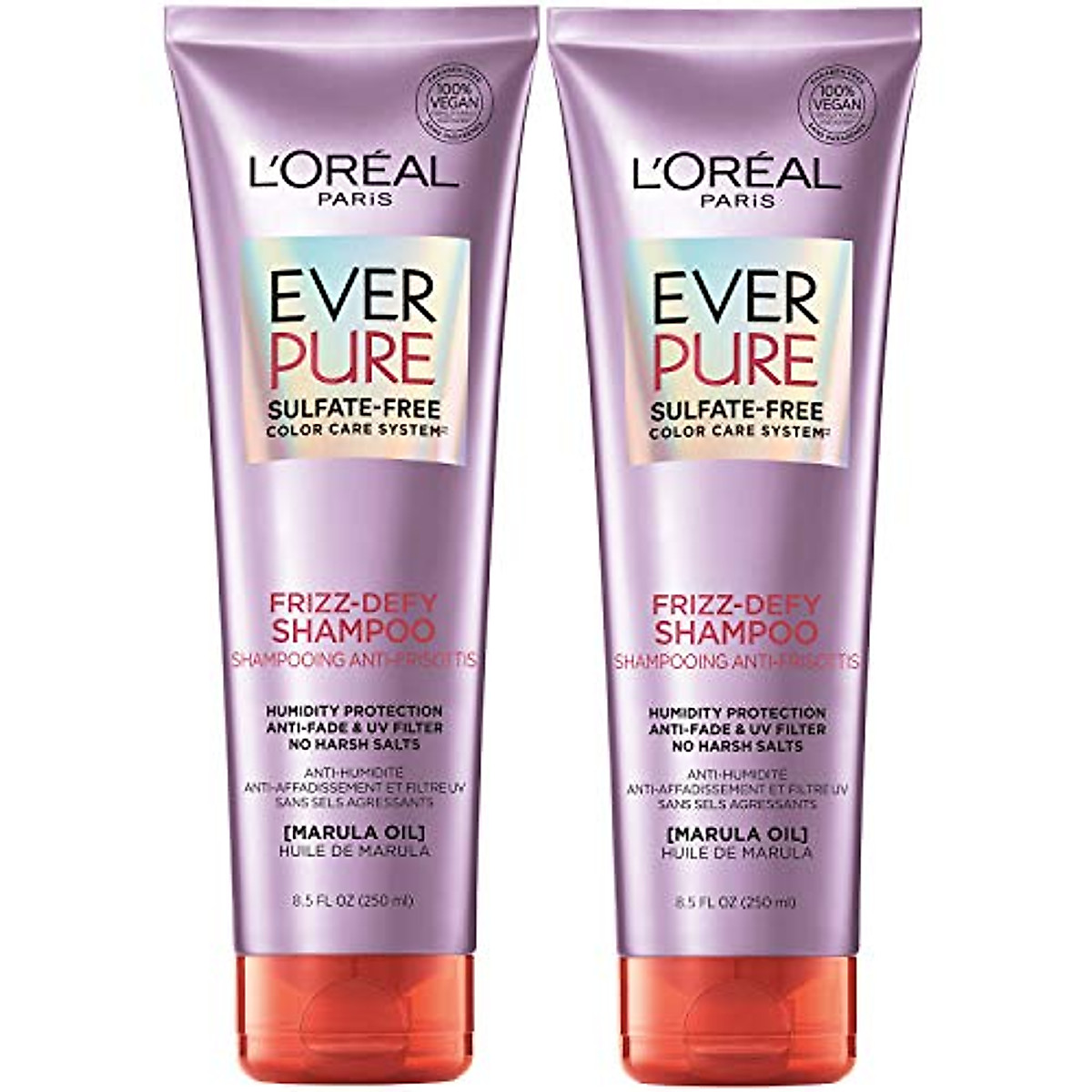L’Oréal Paris Hair Care EverPure Sulfate Free Frizz Defy Shampoo, with Marula Oil, 2 Count (8.5 Fl; Oz each) (Packaging May Vary)