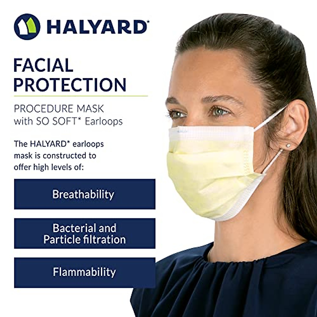 HALYARD FLUIDSHIELD 1 Disposable Procedure Mask w/SO Soft Lining and SO Soft Earloops, Yellow, 25867 (Box of 50)