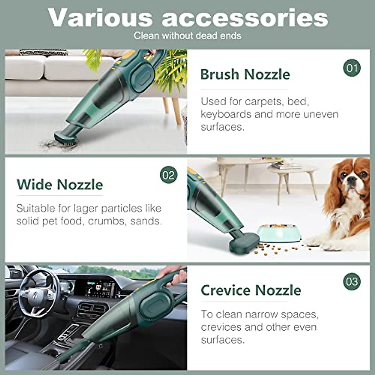 Handheld Vacuum Cordless 8Kpa Strong Suction Portable Car Vacuum Cleaner, by 3H Fast Charge Rechargeable Battery, 2-in-1 Wet & Dry Mini Vacuum, 30 Mins Runtime for Home,Car,Office (Jungle Green)